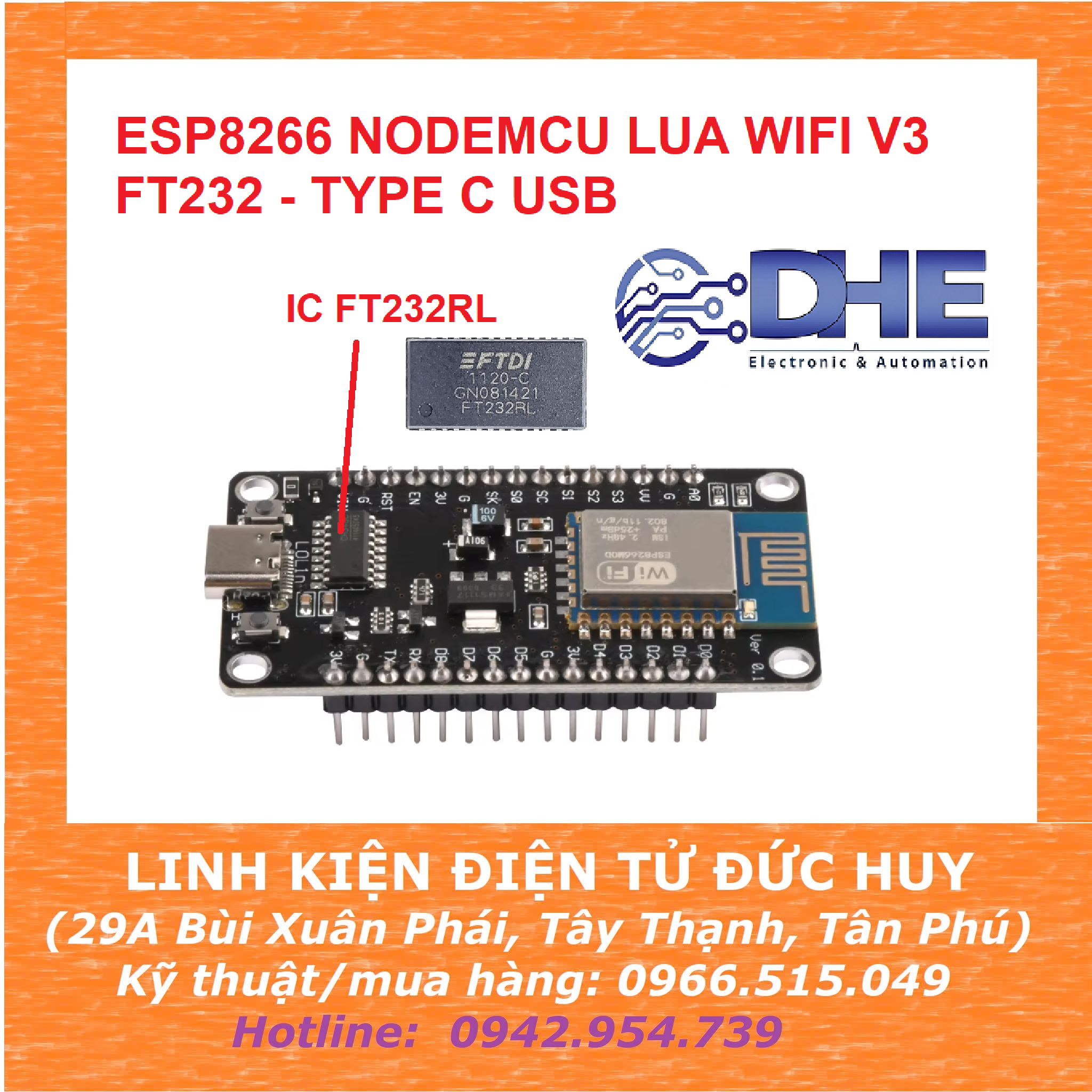 ESP8266 NodeMcu Lua WIFI V3 FT232 - TYPE C USB – LINH KIỆN ĐIỆN TỬ ĐỨC HUY (29A BÙI XUÂN PHÁI)