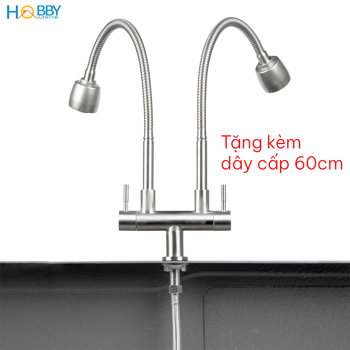 Vòi rửa chén 2 đầu tăng áp thân lò xo inox 304 Hobby home decor 2TA ...