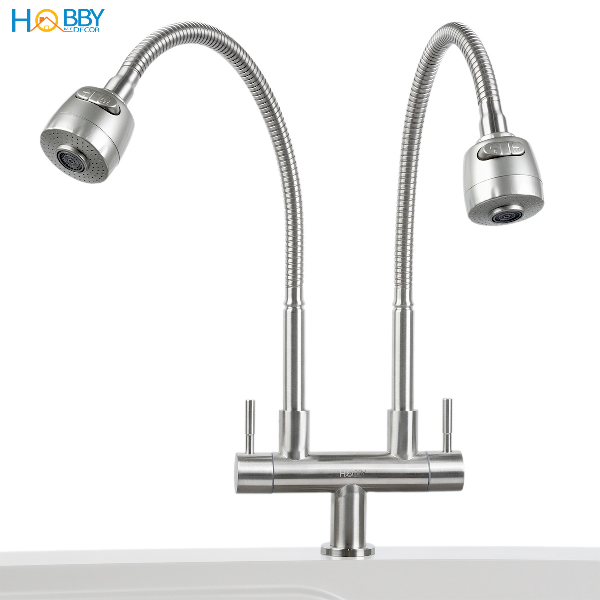 Vòi rửa chén 2 đầu tăng áp thân lò xo inox 304 Hobby home decor 2TA ...