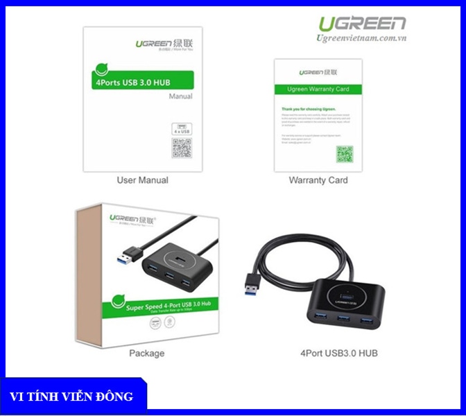 Hub USB 4P 3.0 dài 80cm chính hãng Ugreen 20291