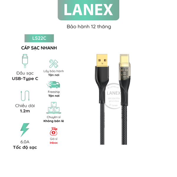 Cáp Sạc Nhanh Lanex Ls22c Dây Dù Có Led Type C 6.0a Dài 1.2m – Phụ Kiện ...