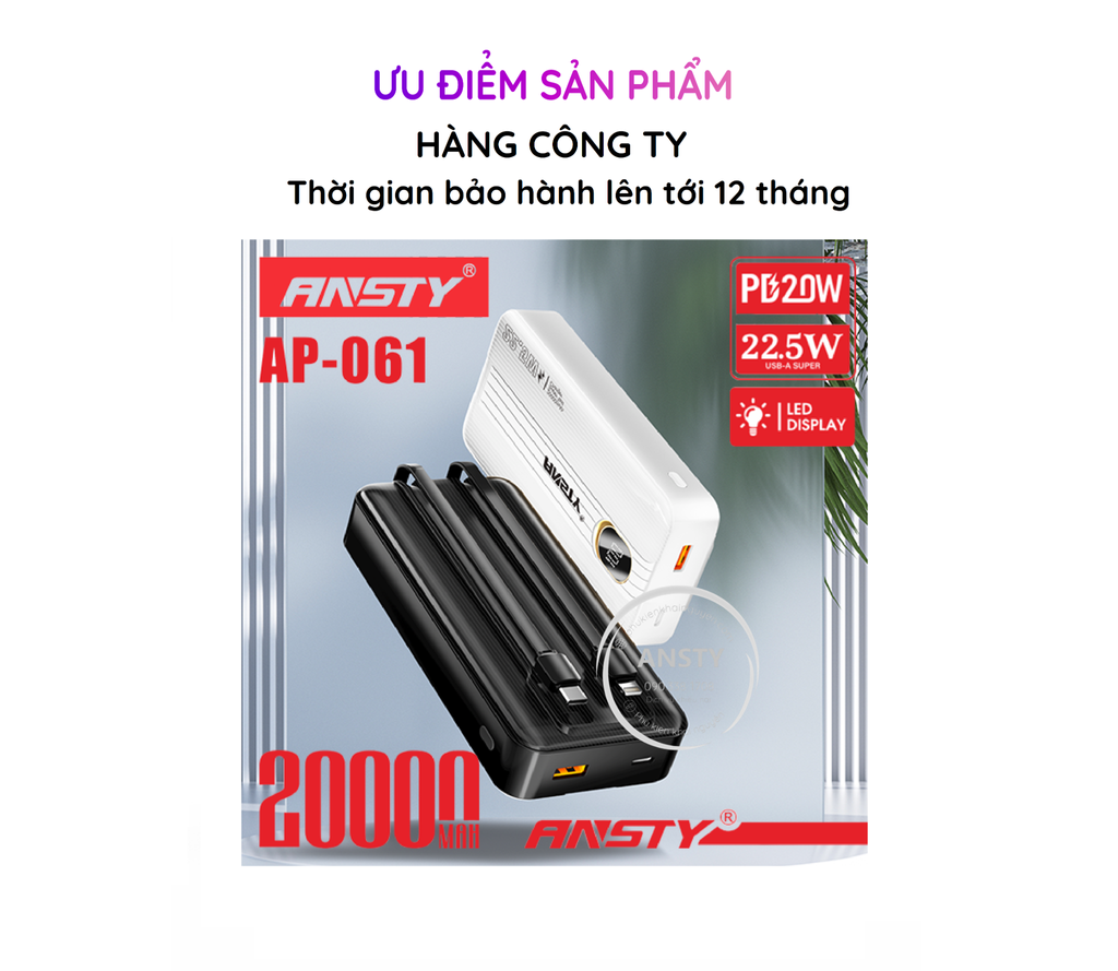 Pin Dự Phòng Ansty Ap - 061 Cáp 2 In 1 ( Type C Lightning ) 1 Type C 1 – Phụ Kiện Khai Nguyên