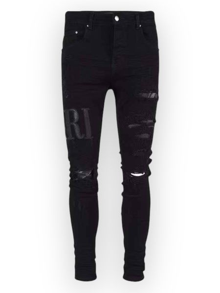 AMR Destroyed Embroidered Logo Jean - Black – EDDY