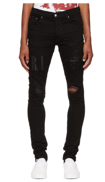 AMR Destroyed Embroidered Logo Jean - Black – EDDY