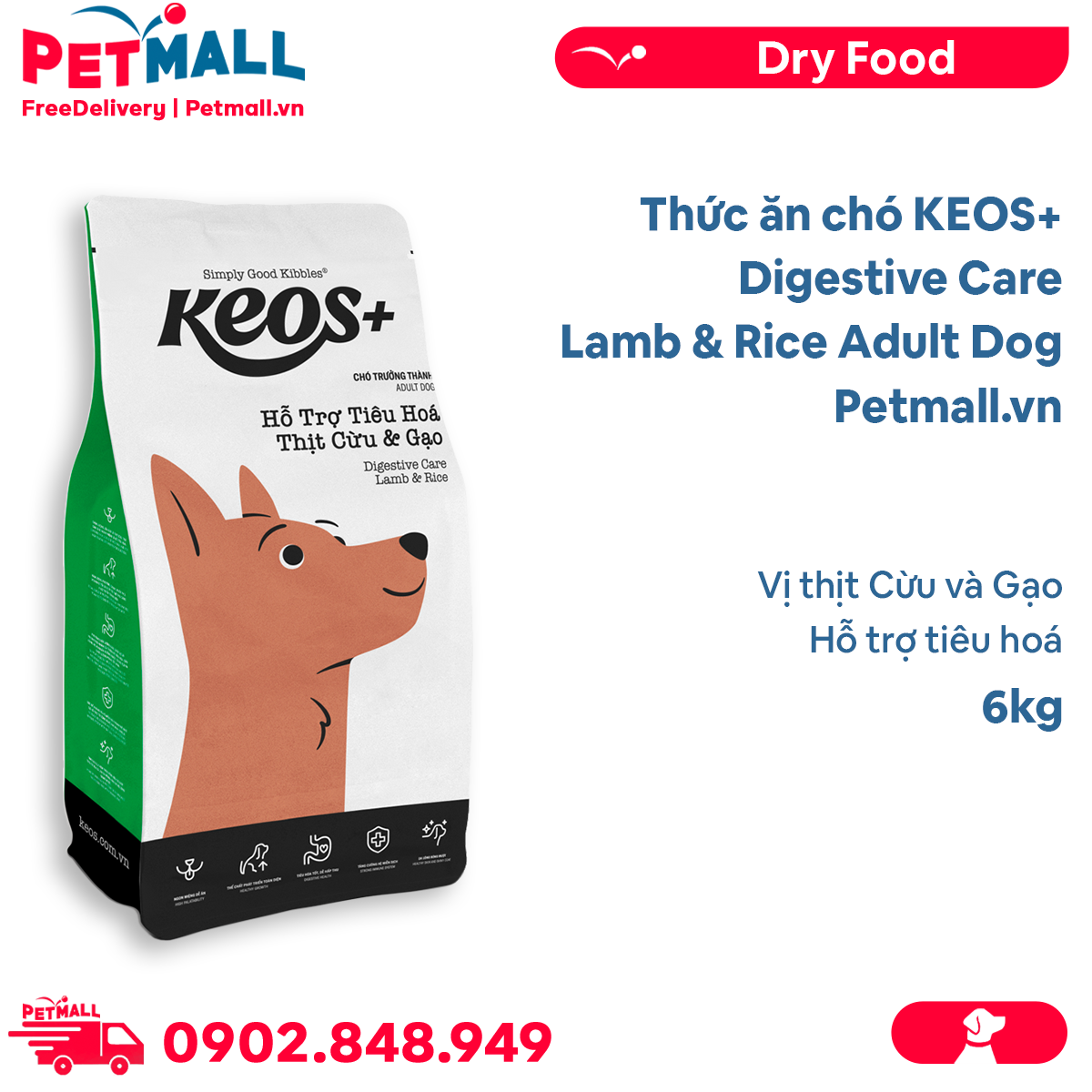 Thức ăn chó KEOS+ Digestive Care Lamb & Rice Adult Dog 1.5kg - Vị thịt – PETMALL.VN