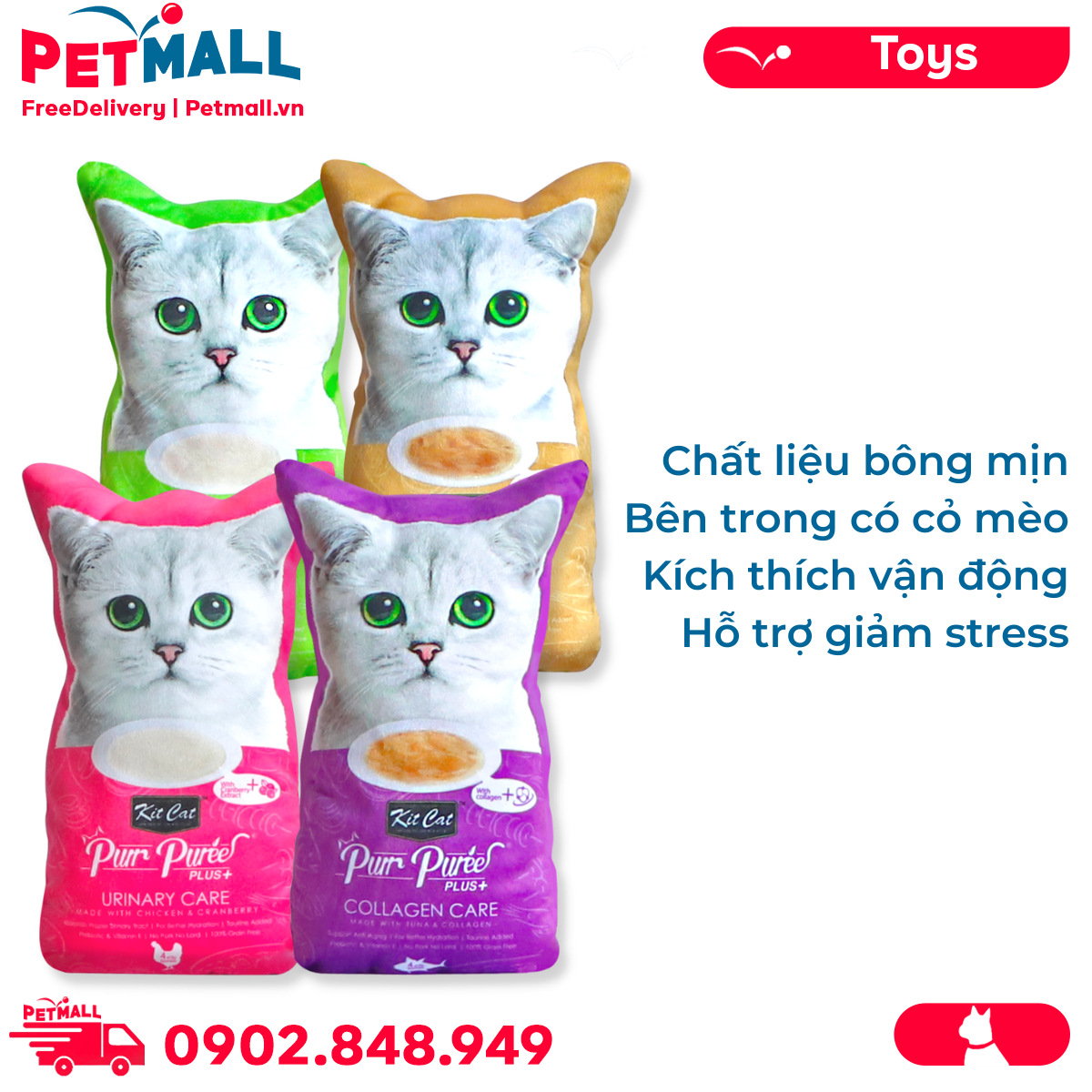 Đồ chơi gối ôm cho mèo Kit Cat Plush Toys with Catnip - Có cỏ mèo bên ...
