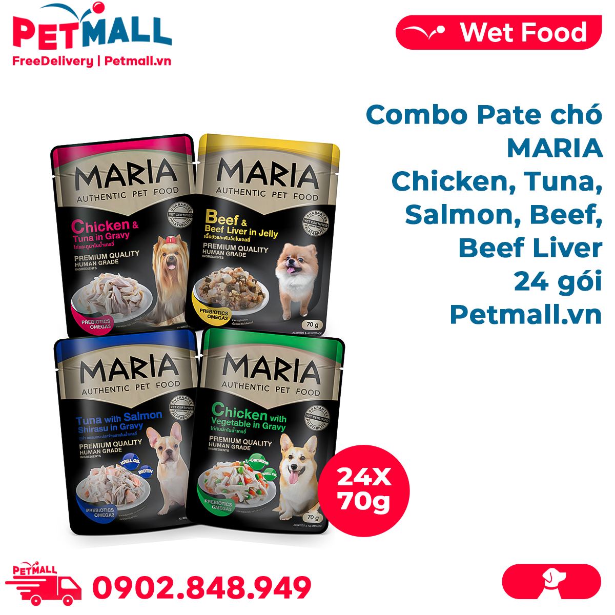 Combo 24 Gói 70G - Pate chó MARIA Chicken, Tuna, Salmon, Beef, Beef Li ...