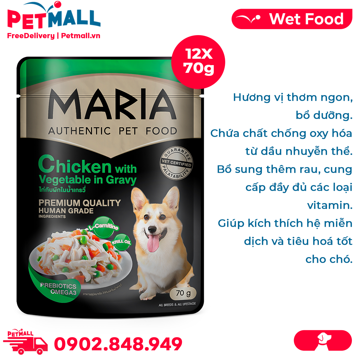 Hộp 12 Gói 70G - Pate chó MARIA Chicken with Vegetable in Gravy for Ad ...