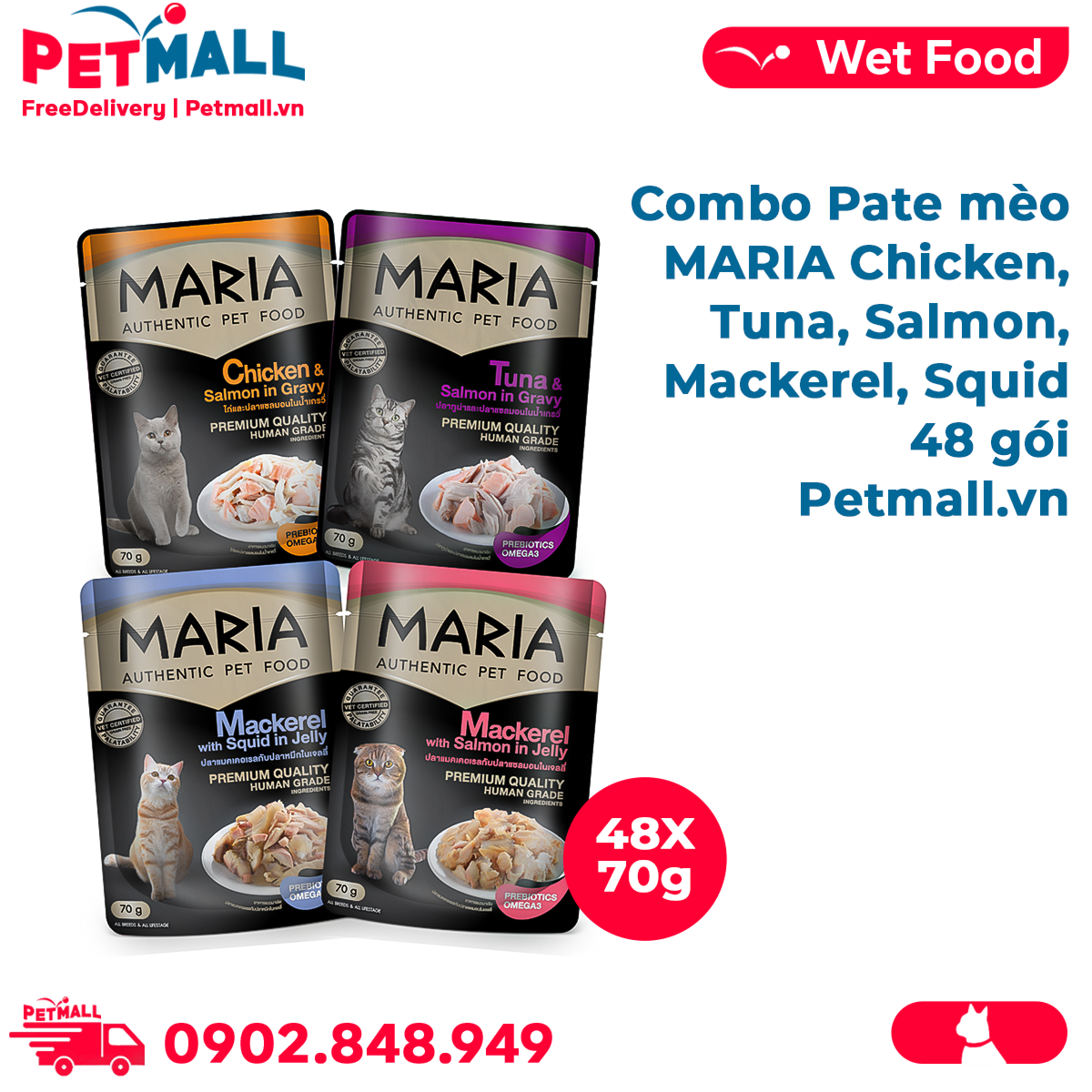 Combo 48 Gói 70G - Pate mèo MARIA Chicken, Tuna, Salmon, Mackerel, Squ ...