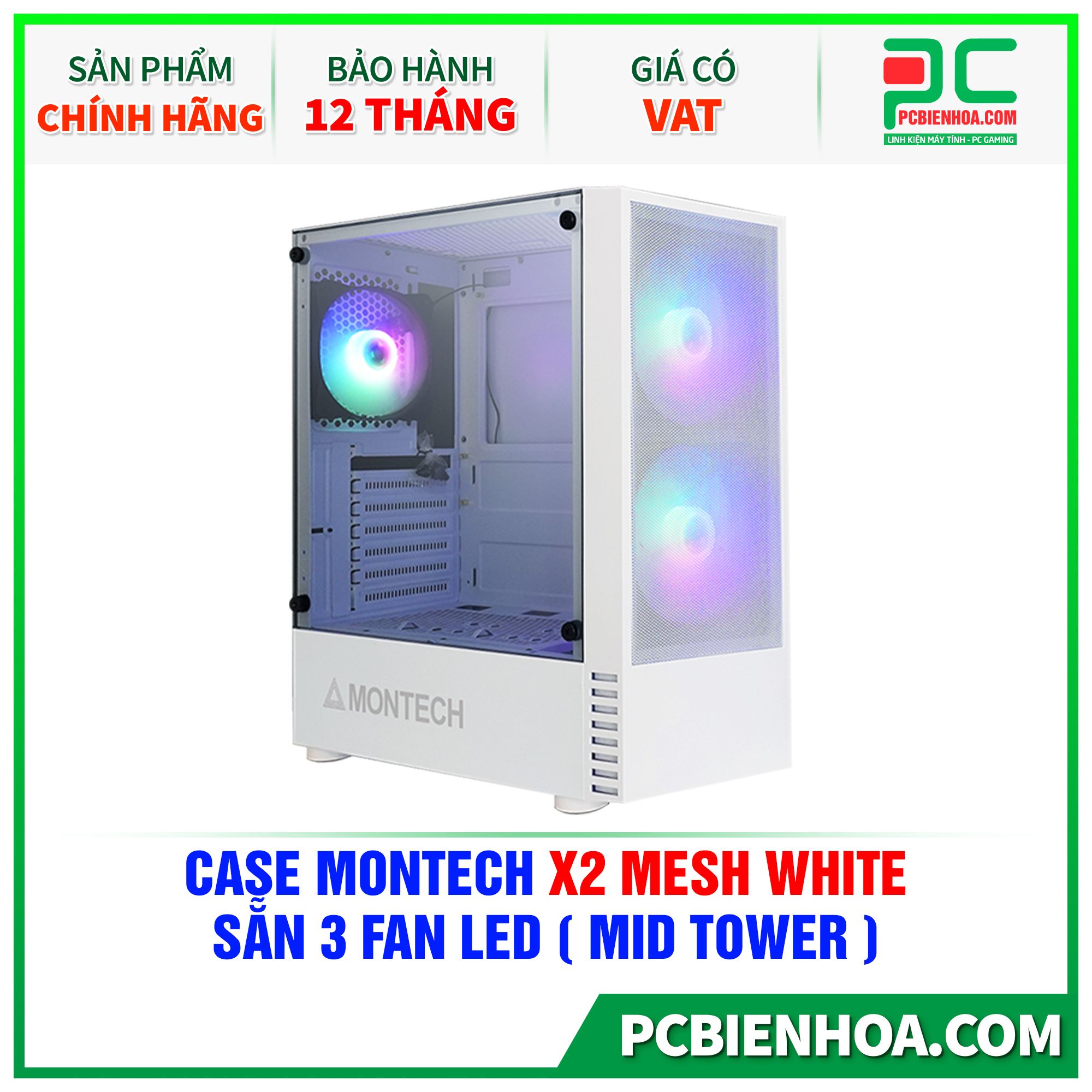 CASE MONTECH X2 MESH WHITE - SẴN 3 FAN LED ( MID TOWER ) – PCBIENHOA