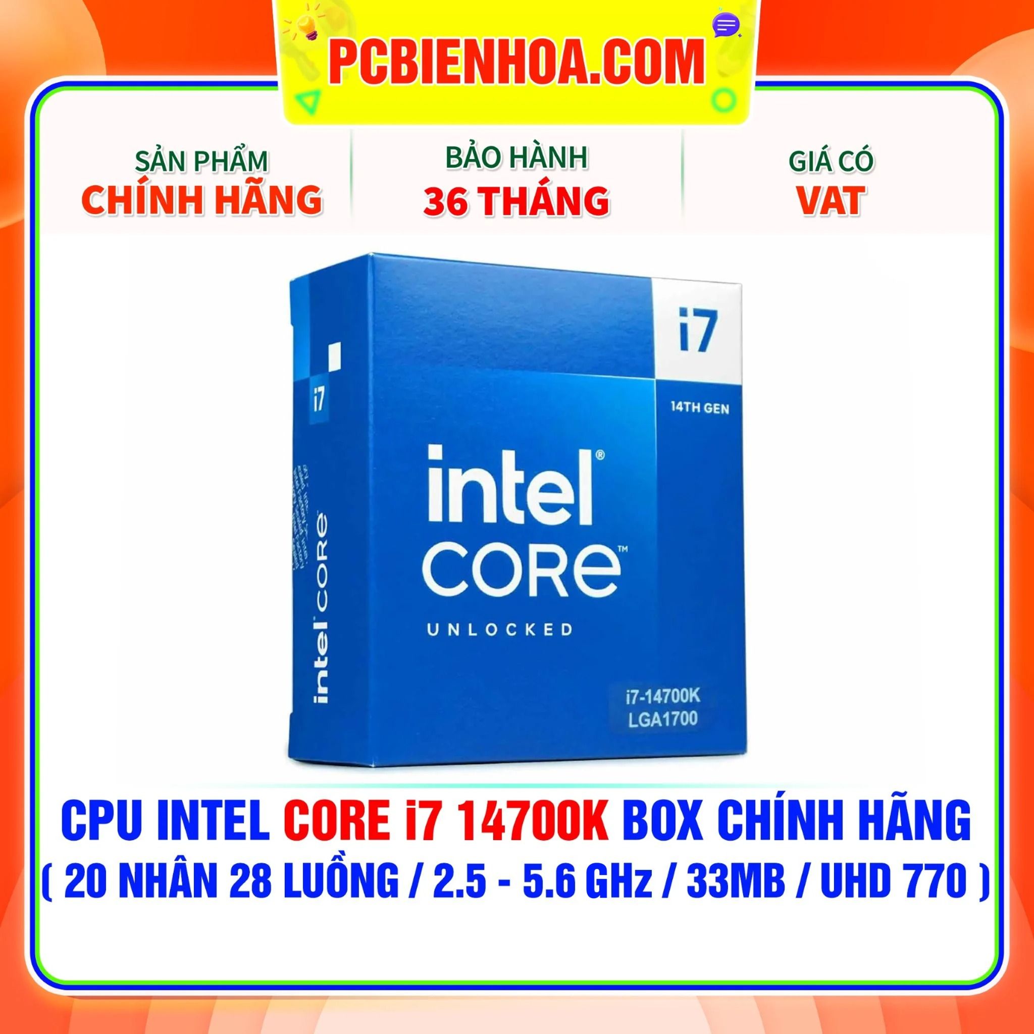 Bộ vi xử lý Intel Core i7 14700K / Turbo up to 5.6GHz / 20 Nhân 28 Luồ ...