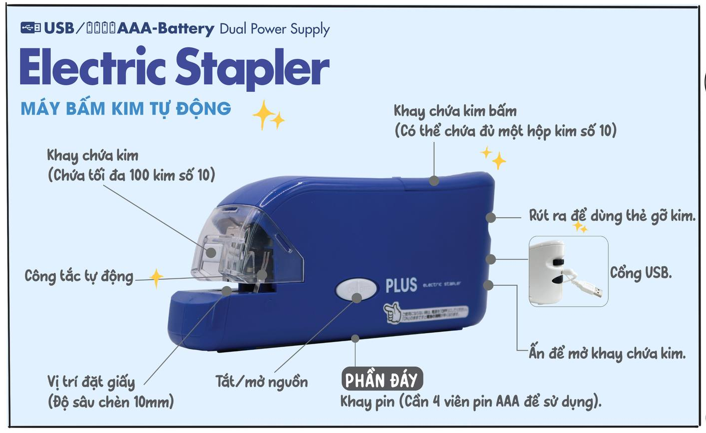 Máy dập ghim tự động Plus - Sử dụng cáp USB hoặc pin AAA - Dập tối đa – THẾ GIỚI VĂN PHÒNG PHẨM ...