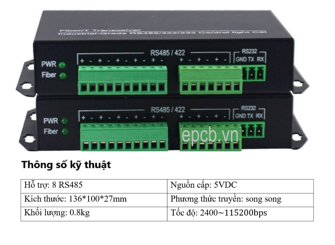 Bộ chuyển đổi 1 cổng RS485 sang quang Model RS485-FIBER-01