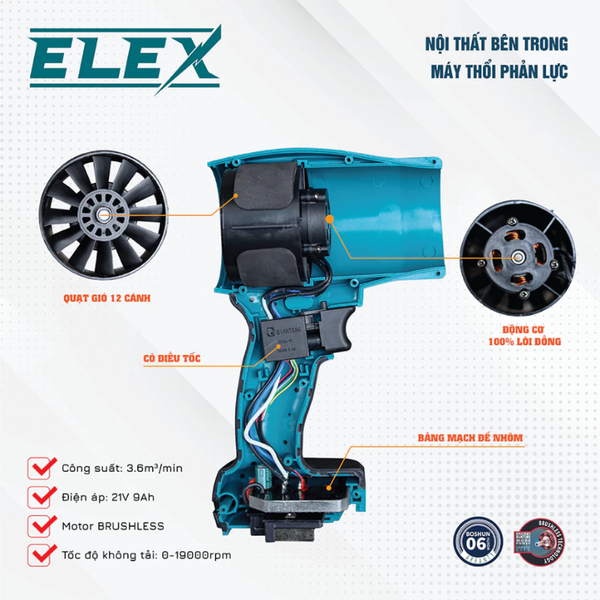 Máy thổi phản lực turbofan ELEX không chổi than dùng pin chân phổ thôn ...