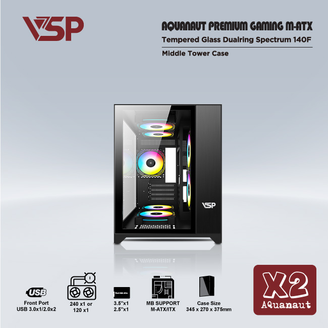 Vỏ case VSP X2 AQUANAUT PREMIUM GAMING M-ATX (ĐEN) Tặng 5 Fan + Hub đi