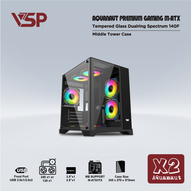 Vỏ case VSP X2 AQUANAUT PREMIUM GAMING M-ATX (ĐEN) Tặng 5 Fan + Hub đi