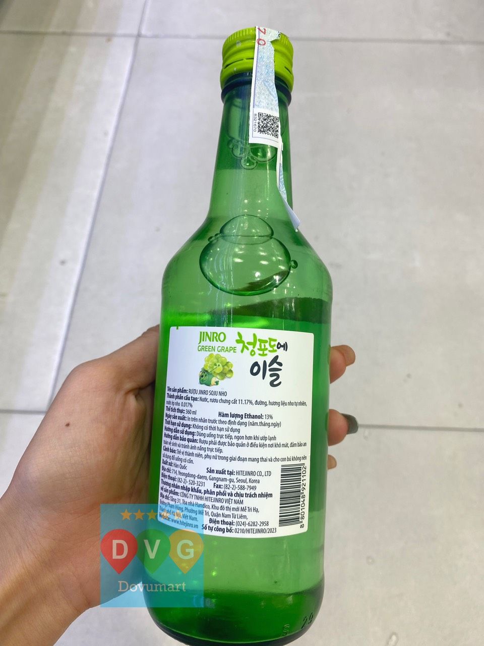 Rượu Soju Nho Xanh Jinro Hàn Quốc Chai 360ml 하이트진로 청포도에 이슬 360ml Dovumart