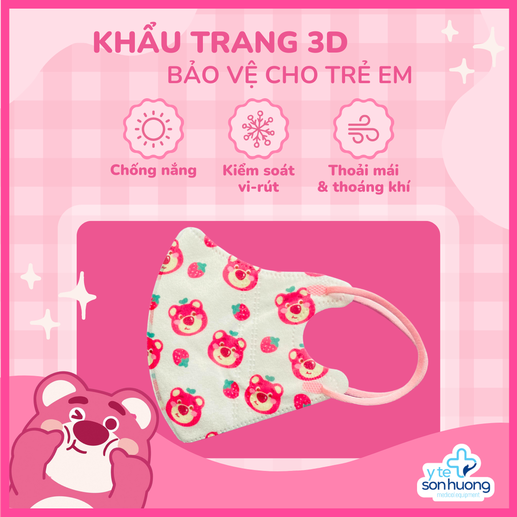 Khẩu trang 3D trẻ em họa tiết - Gấu dâu – Y Tế Sơn Hương