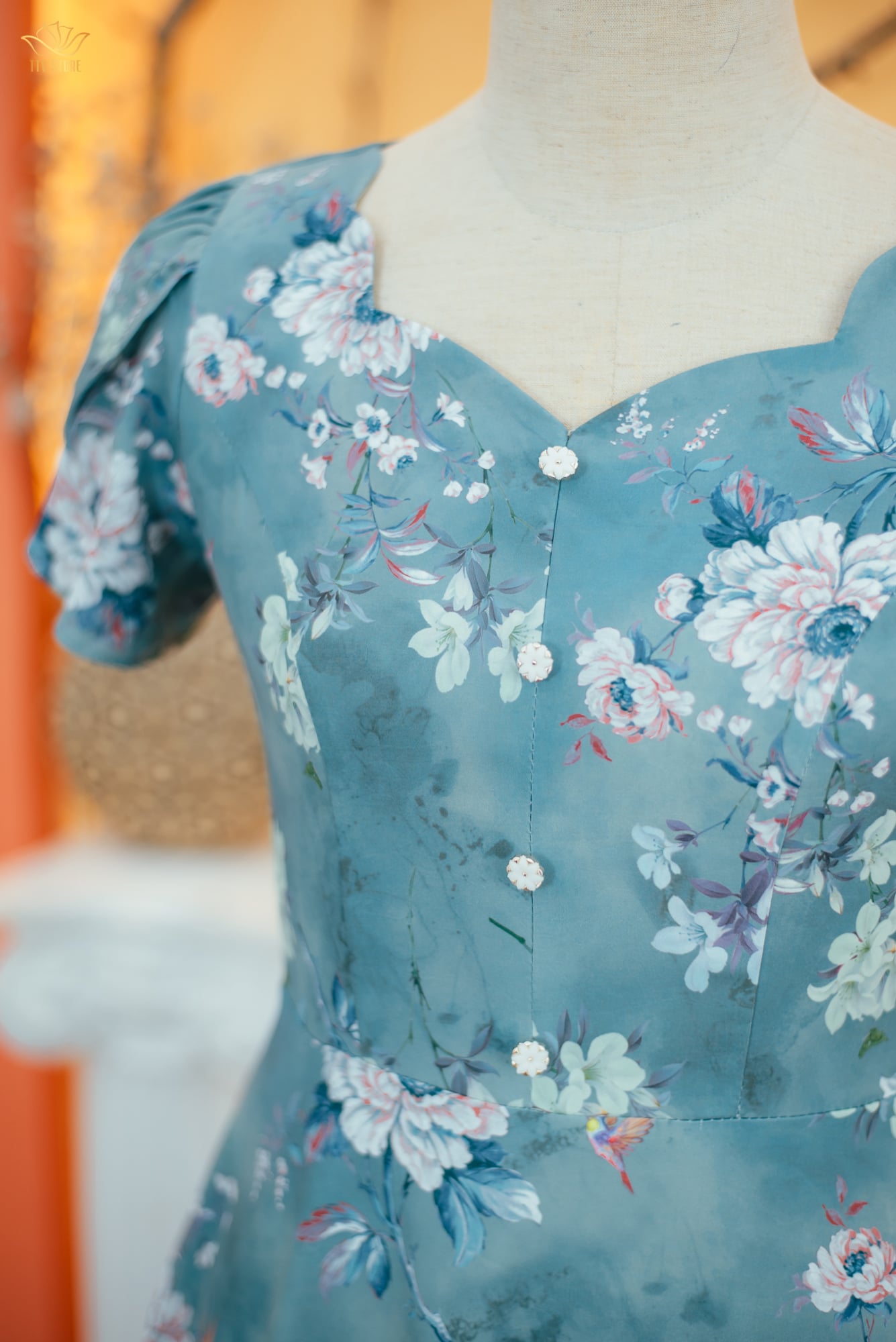 Đầm xòe - Cổ tim sóng nước kết nút tay búp - CT - Xanh ngọc hoa - TTV1 ...