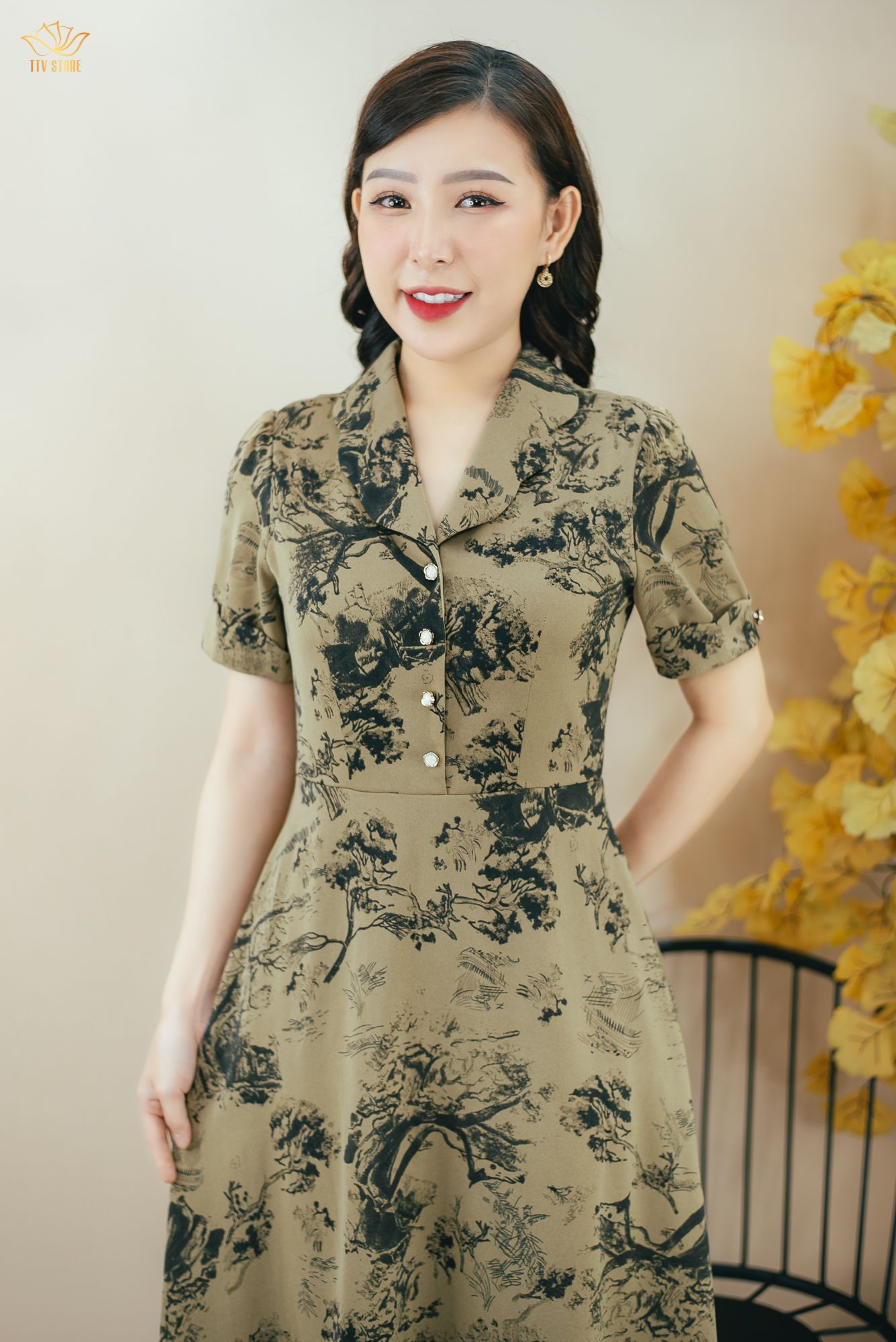 Đầm xòe - Cổ tim sóng nước kết nút tay ngắn - CV - Nâu họa tiết - TTV1 ...