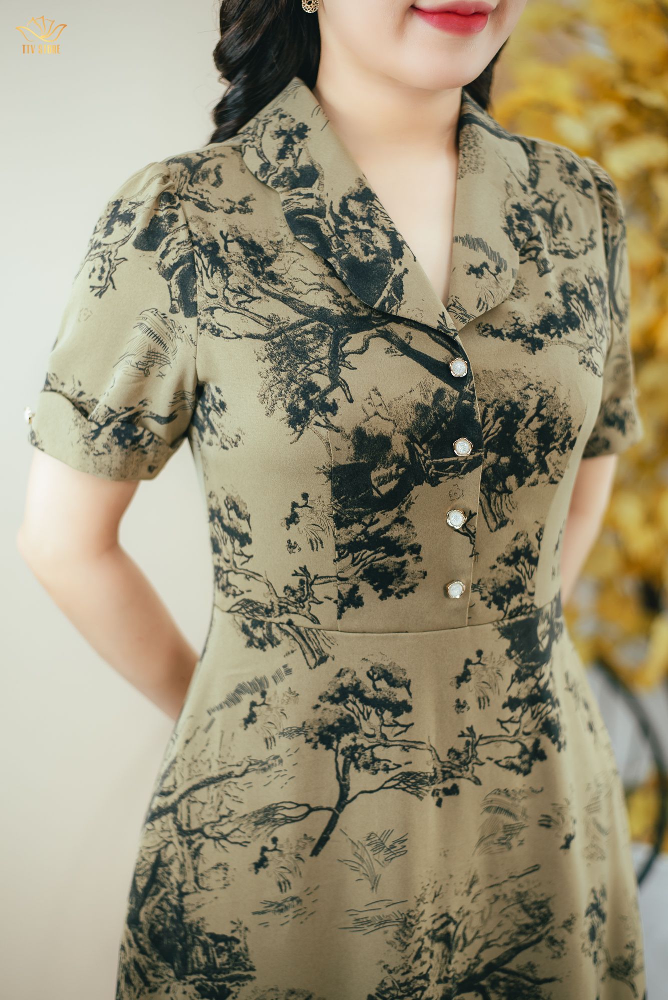 Đầm xòe - Cổ tim sóng nước kết nút tay ngắn - CV - Nâu họa tiết - TTV1 ...