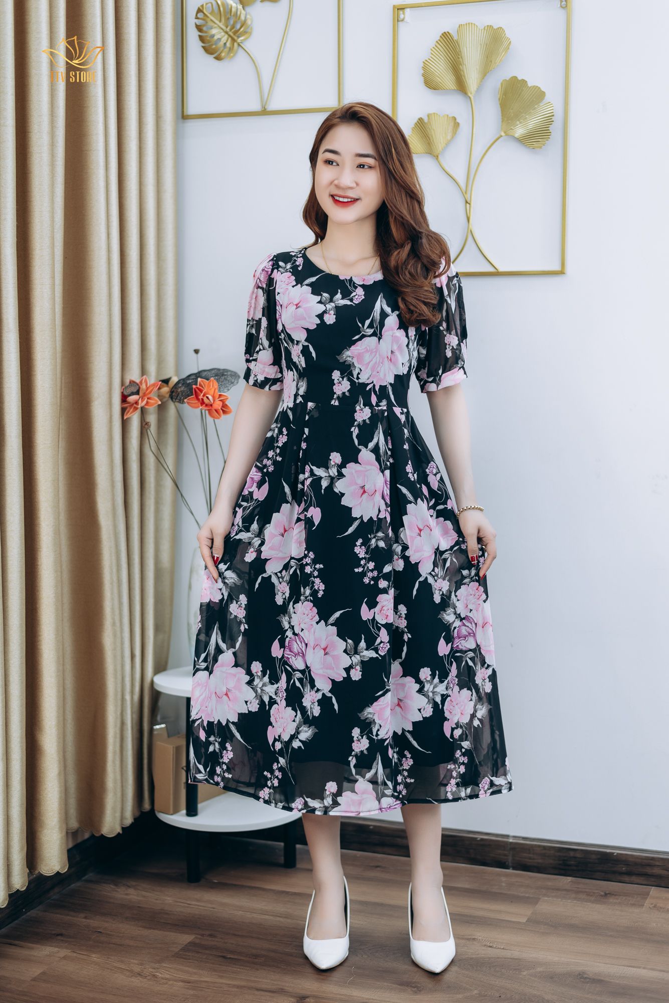 Đầm xòe - Cổ tròn tay bo - AH - Đen hoa tím - TTV1265 - TTV STORE