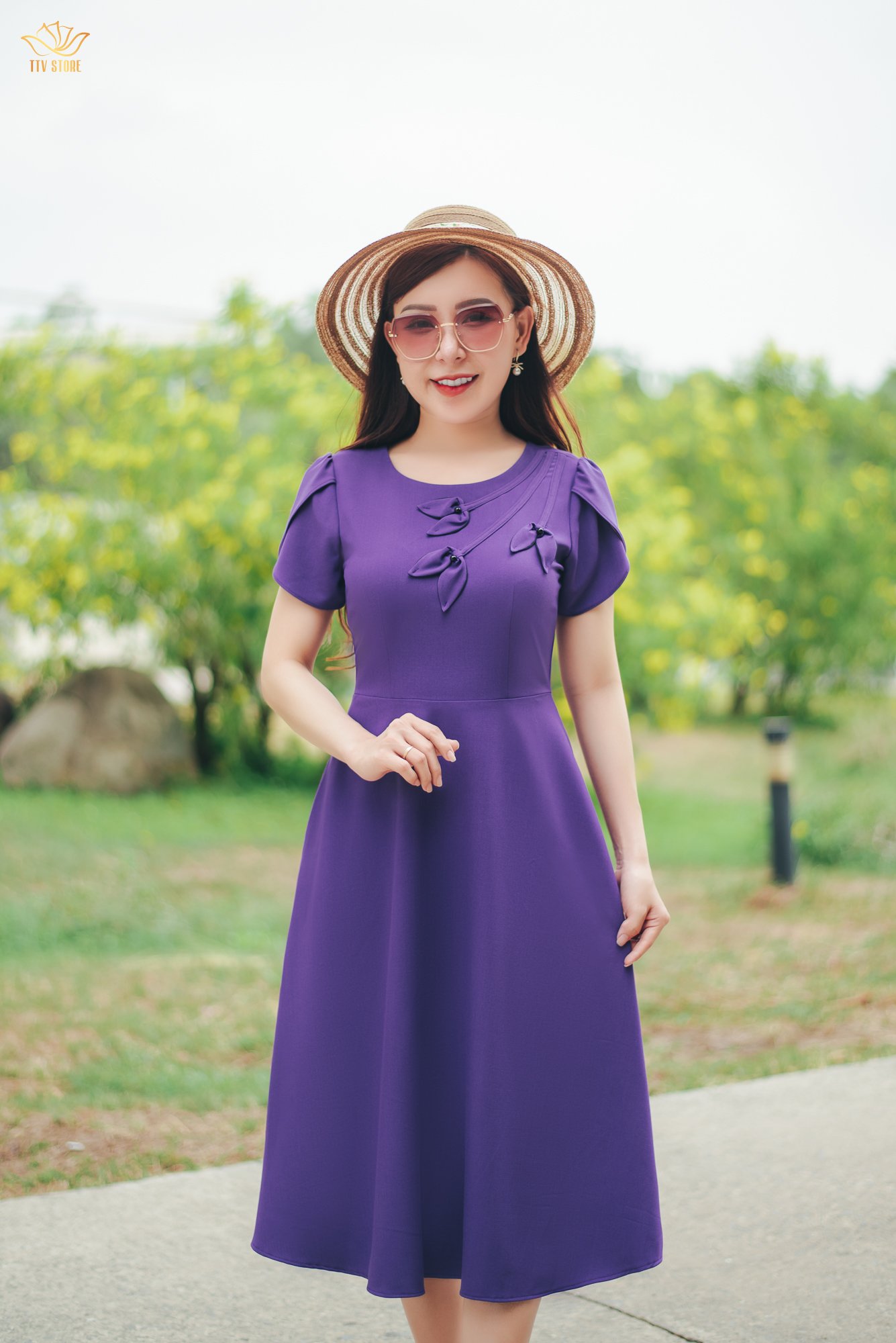 Đầm xòe - Cổ tròn kết hoa tay búp - CD - Tím huế - TTV1558 - TTV STORE
