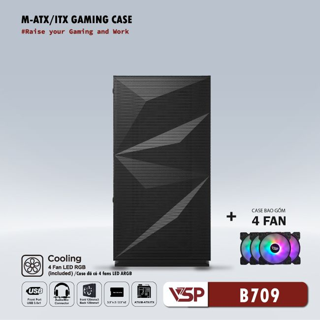 Vỏ Máy Tính Case VSP Gaming Mid Tower B709 Black – Vi Tính Mạnh Quý