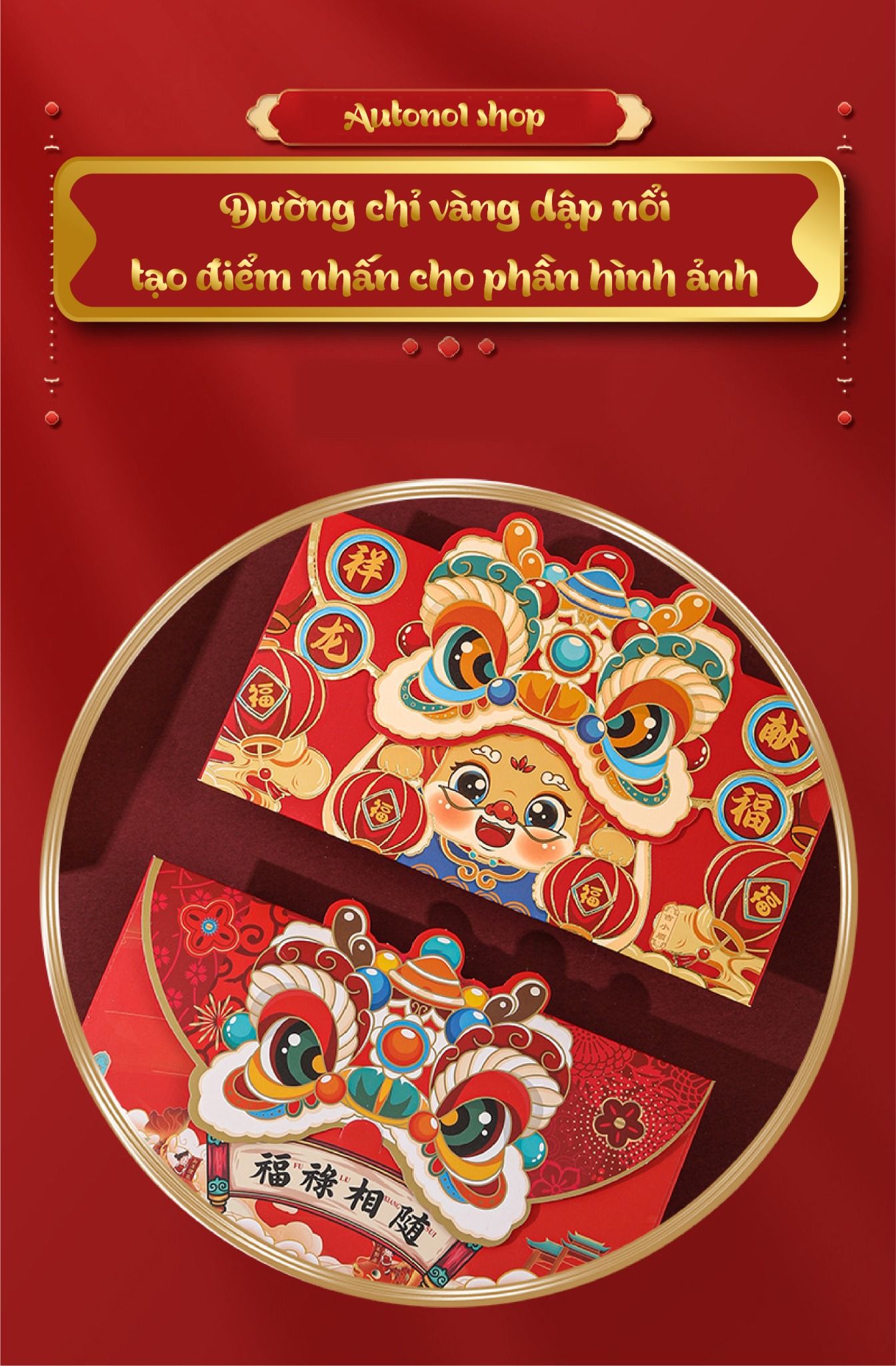 Bao lì xì hình con rồng đội đầu lân kiểu bao ngang chúc mừng năm mới 2 ...