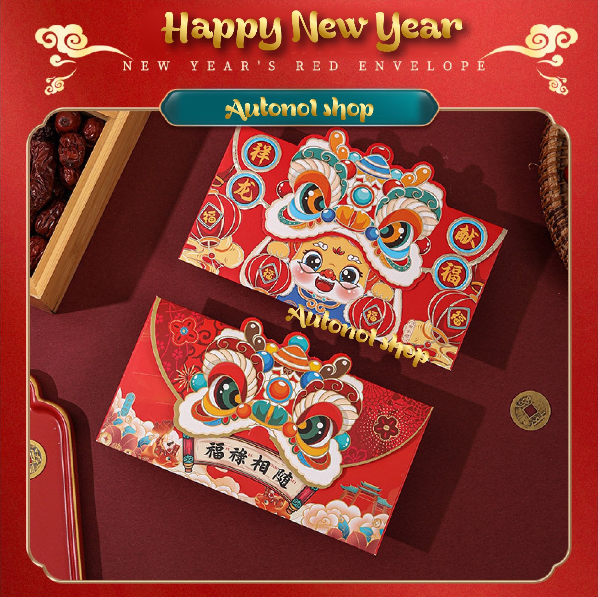 Bao lì xì hình con rồng đội đầu lân kiểu bao ngang chúc mừng năm mới 2 ...