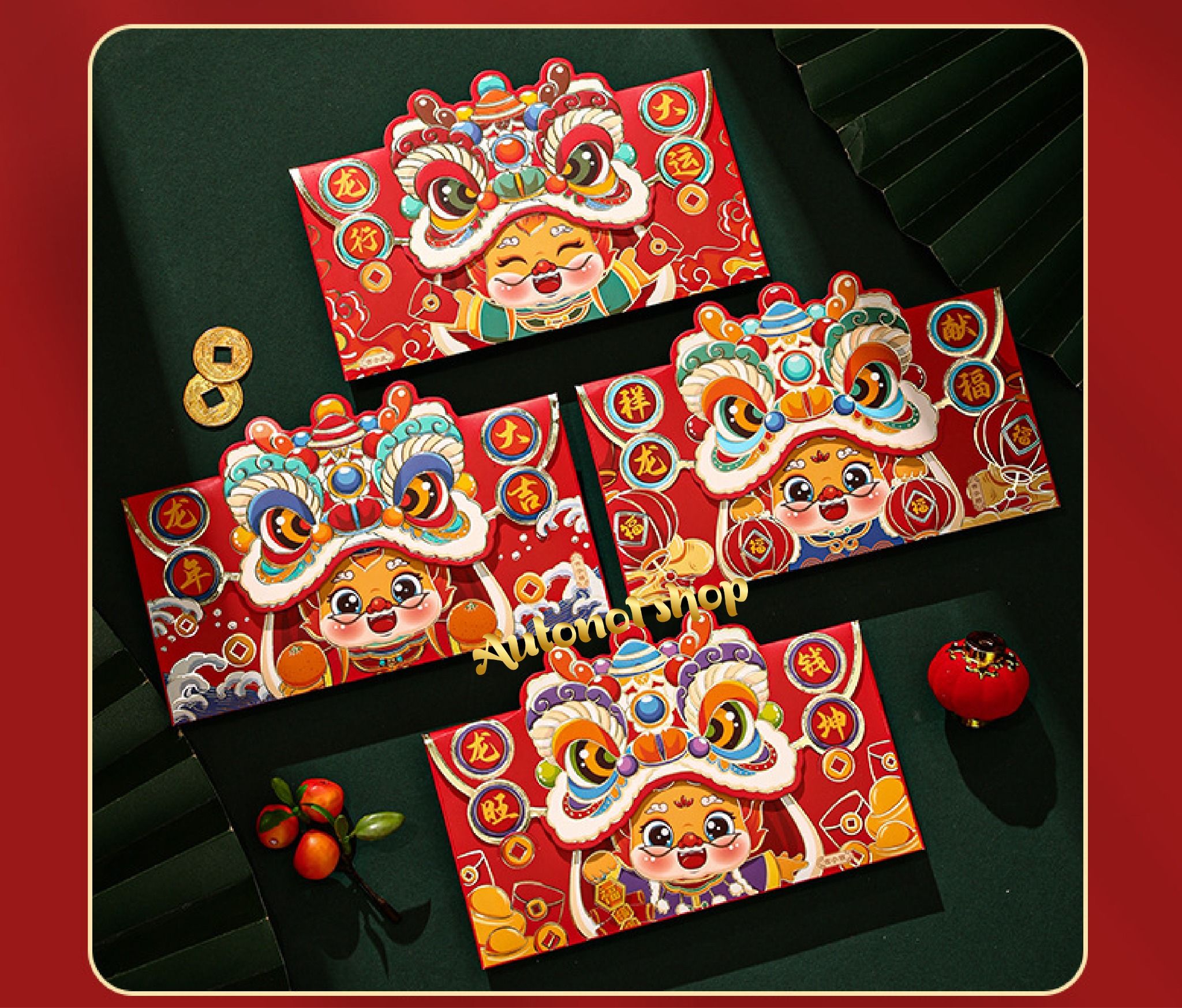 Bao lì xì hình con rồng đội đầu lân kiểu bao ngang chúc mừng năm mới 2 ...