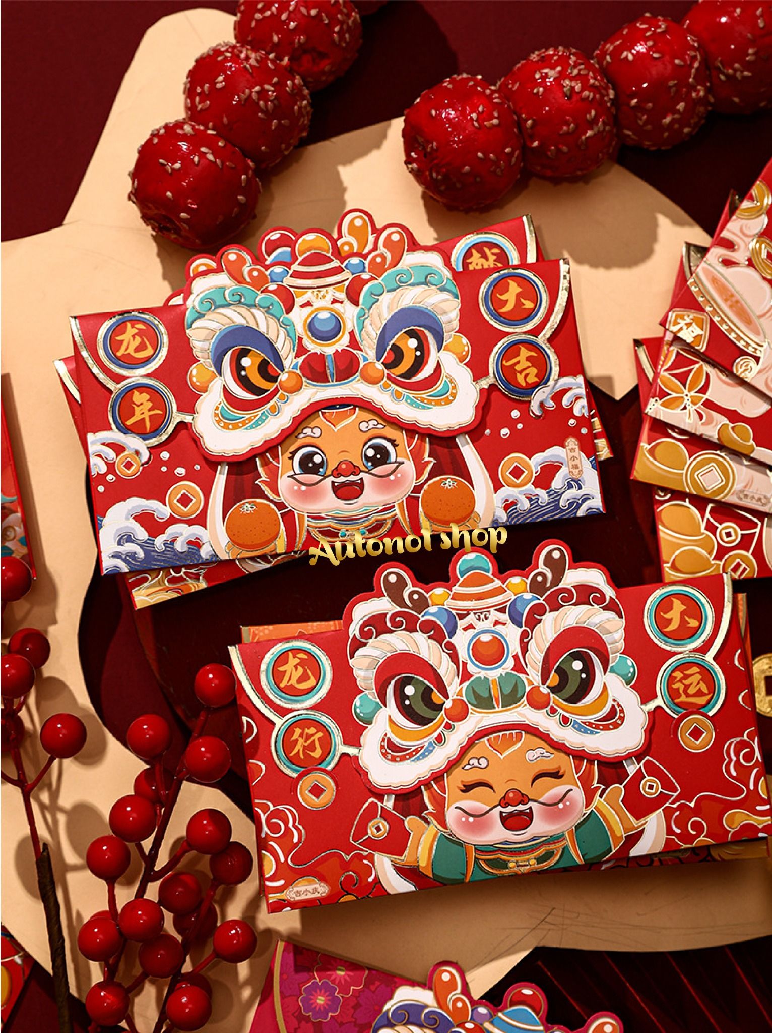 Bao lì xì hình con rồng đội đầu lân kiểu bao ngang chúc mừng năm mới 2 ...