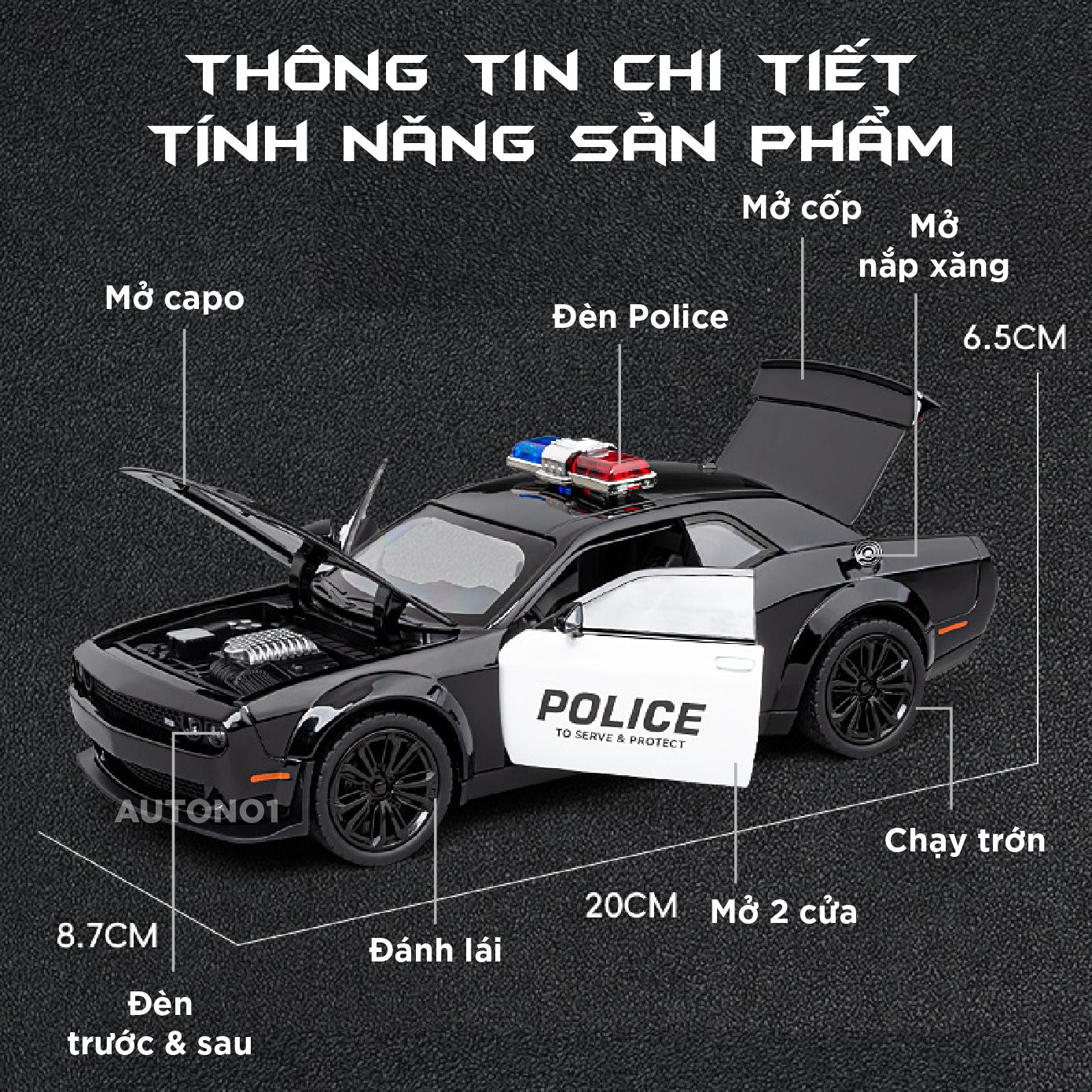 Mô hình xe Dodge Challenger SRT Hellcat Police full open tỉ lệ 1:24 Ji ...