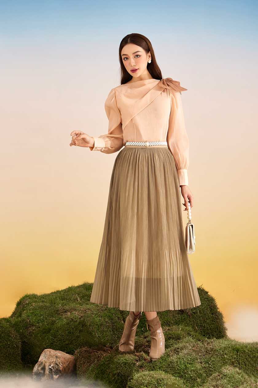Chân váy tơ xếp li nâu cam – her-studios