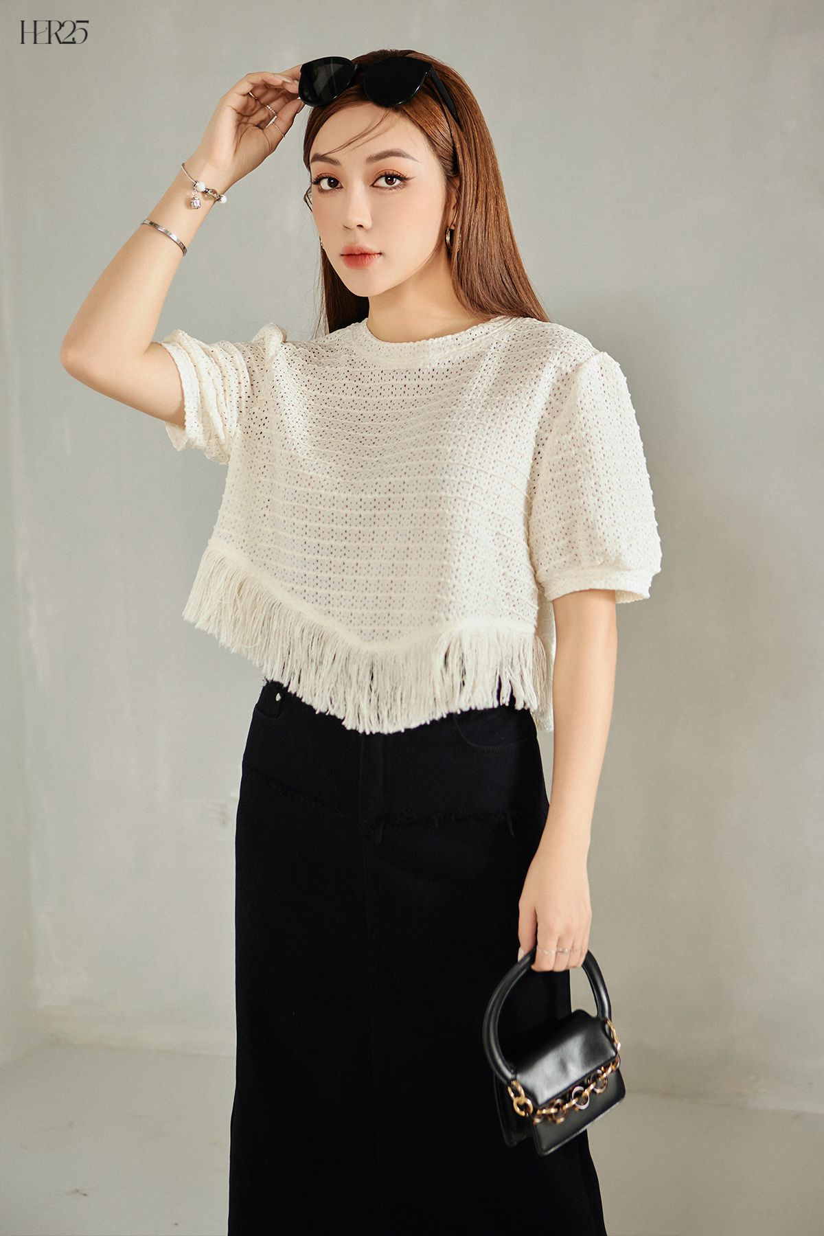 Chân váy dài denim tua rua đen – her-studios