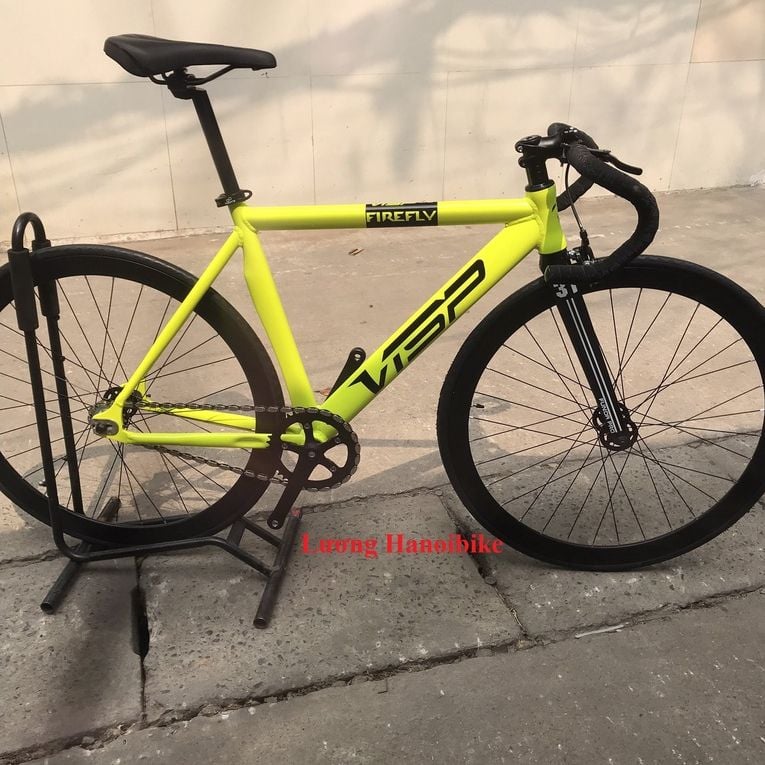 Xe đạp Fixed Gear VISP FIREPLY vàng chanh càng carbon 3T lắp phanh phụ ...