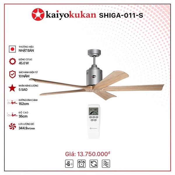 Quạt trần Nhật Bản Kaiyo Kukan 5 cánh D152cm 45W DC SHIGA 011 S