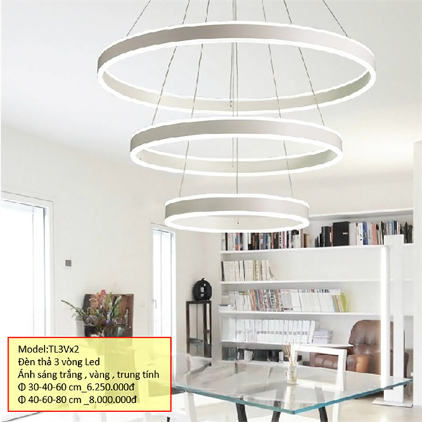 HT Đèn thả 3 vòng, 2 viền led D40-60-80 TL3Vx2-400*600*800 HTTHVO-014-