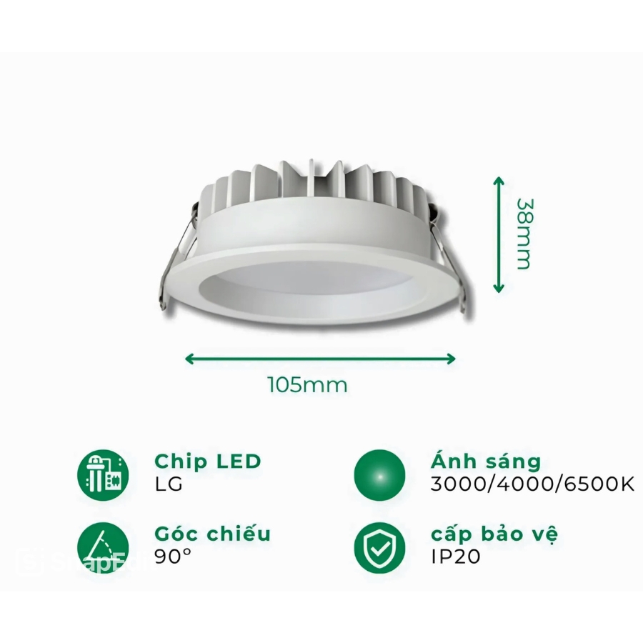 ELV Đèn led âm trần downlight 10W, chip LG, KT: 105*H38, D90, 3000K VL