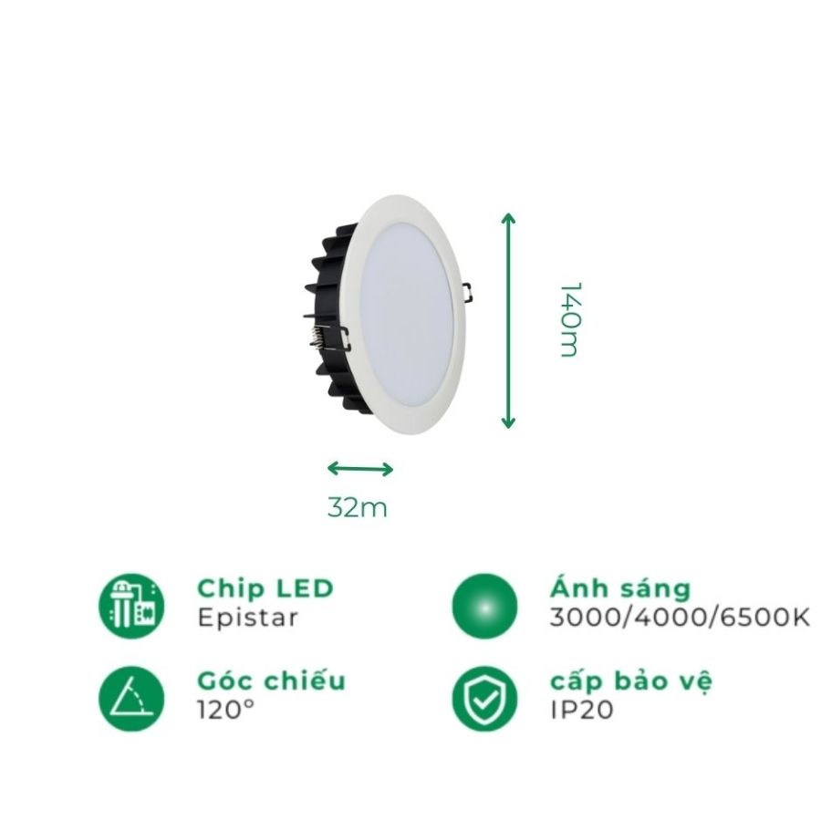 ELV Đèn led âm trần downlight 12W, chip Epistar, KT: 140*H32, D110, 30