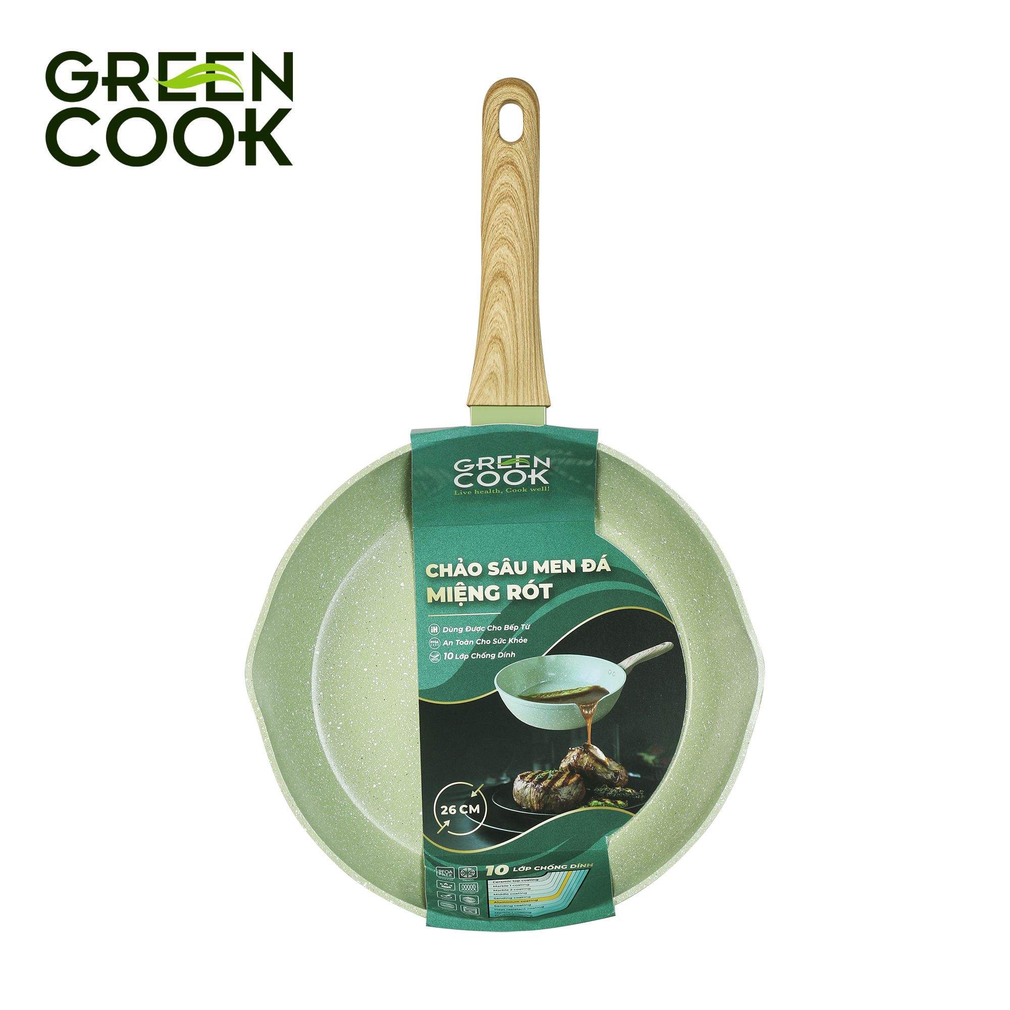 Chảo nhôm sâu men đá ceramic miệng rót Green Cook GCP231 màu xanh 10 l