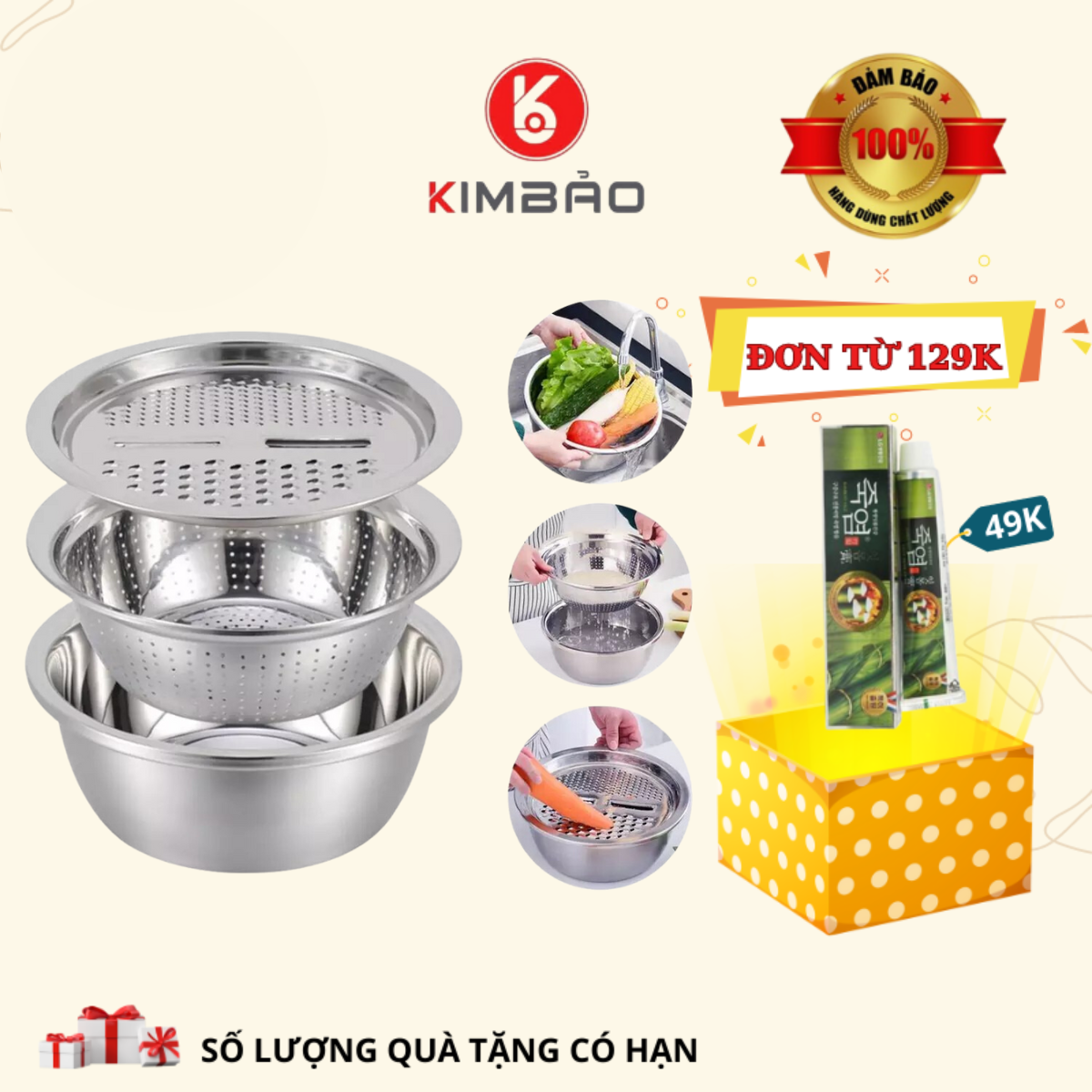 Bộ 3 món thau rỗ bào rau củ inox – Shop Kim Bảo