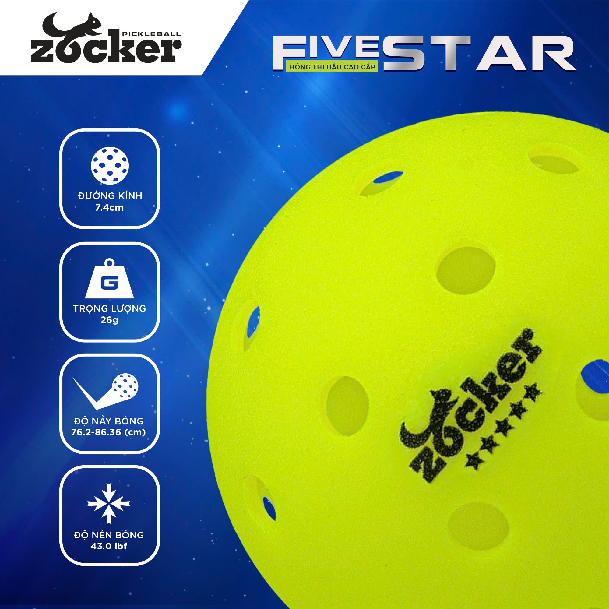 Trái banh thi đấu Pickleball Zocker Five Star – ETDA