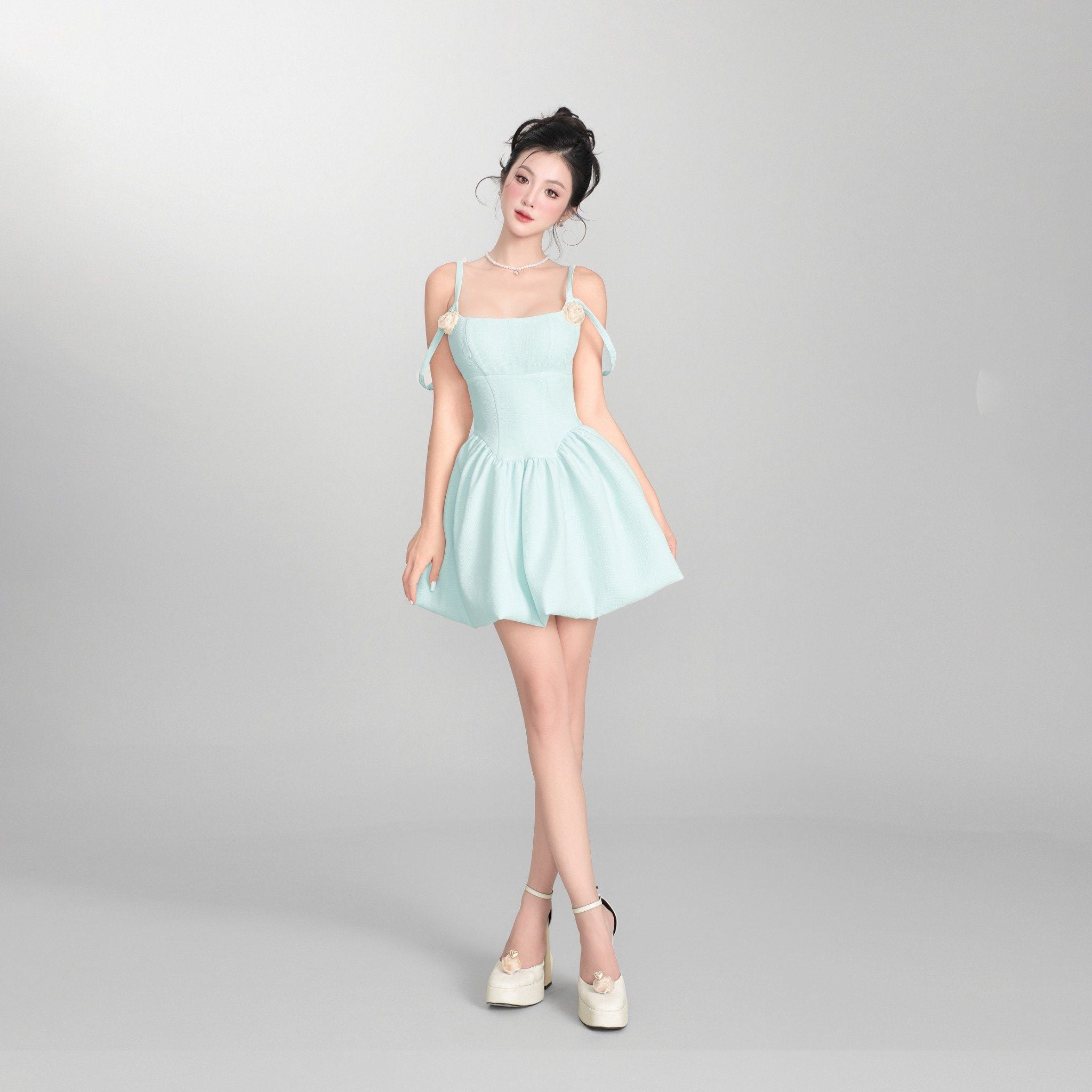 Twinkle Rose-tied Blue Dress - Đầm đen D5863 – District One