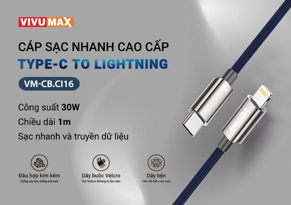 Cáp sạc nhanh dây bện dù đầu hợp kim kẽm 3A Vivumax CI16 C to L 30W ...