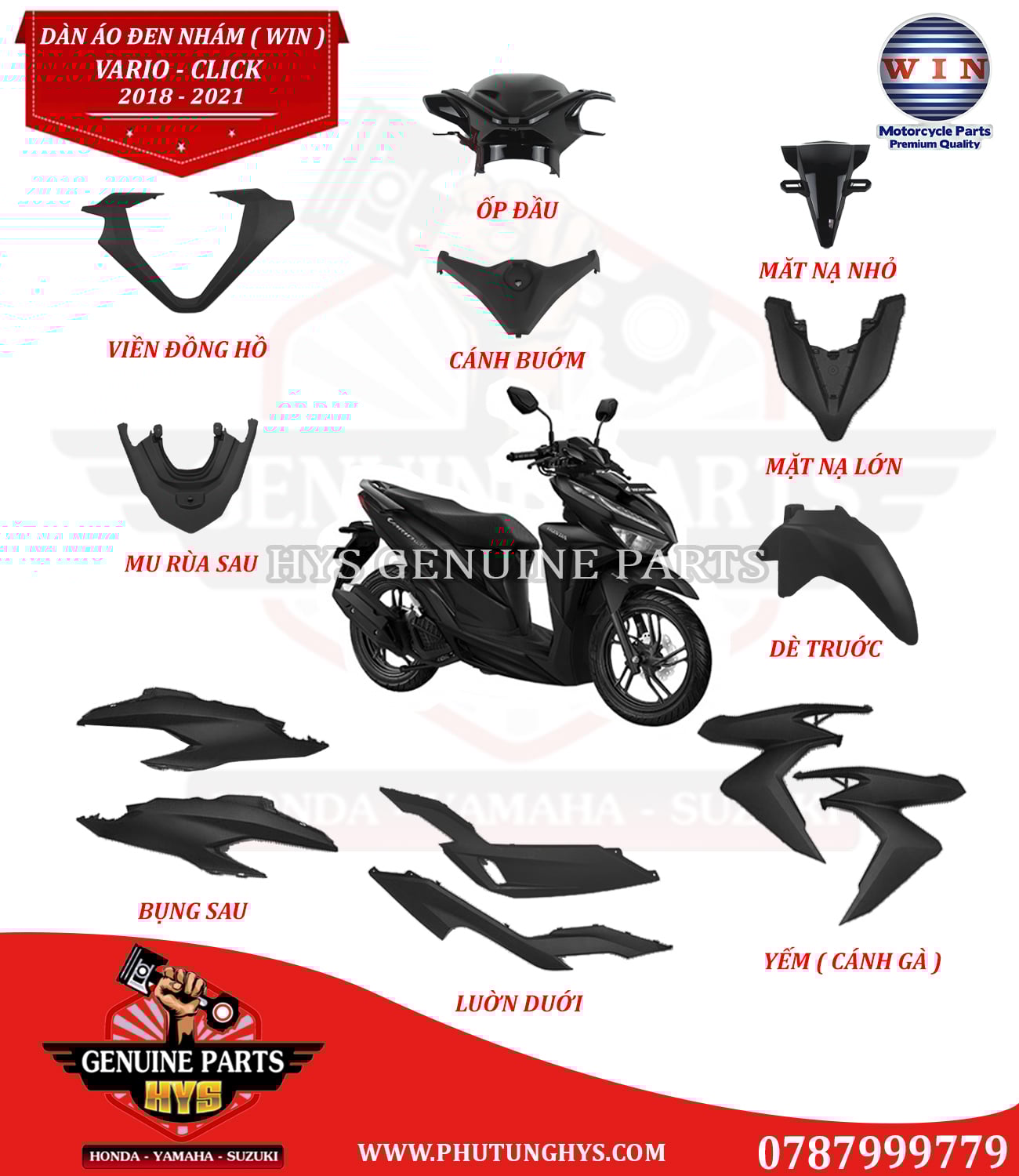 DÀN ÁO VARIO 2018 ĐEN NHÁM (WIN) - HYS - PHỤ TÙNG CHÍNH HÃNG