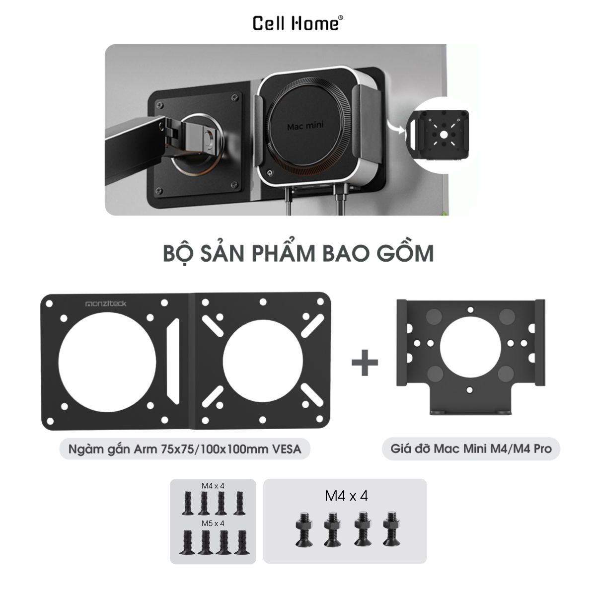 Giá đỡ Mac Mini M1/M2/M4/M4 Pro gắn sau màn hình chuẩn VESA – Celljoy