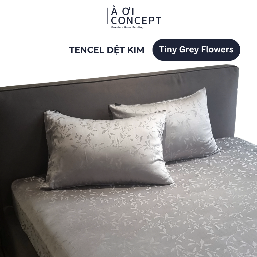 Bộ ga giường & 2 vỏ gối Tencel Dệt Kim [ Tiny Grey Flowers] CBDK0005 – À Ơi Concept