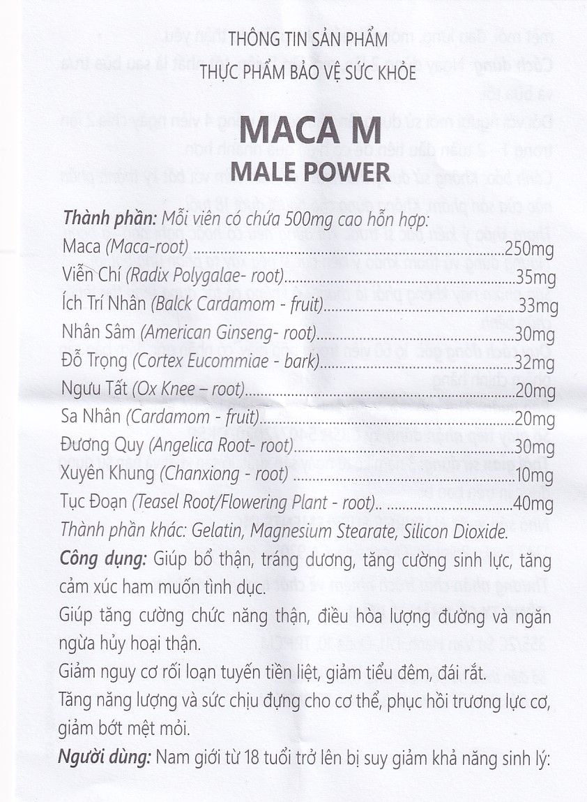 Viên uống Maca M Male Power hỗ trợ bổ thận, tráng dương (60 viên ...