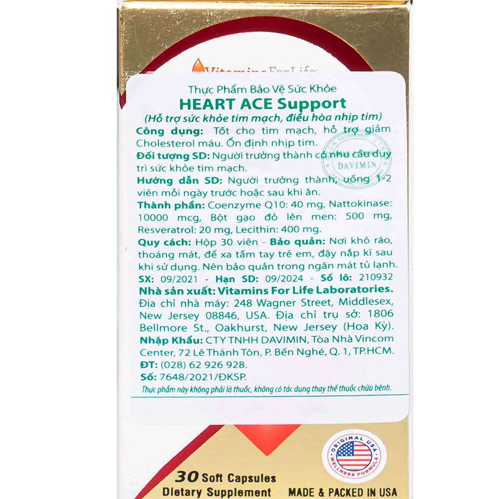 Viên uống Heart Ace Support Vitamins For Life hỗ trợ sức khỏe tim mạch ...
